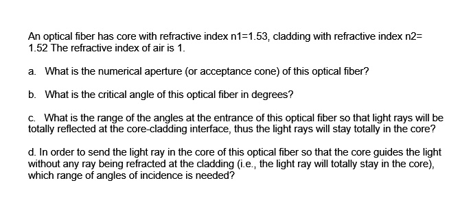 An optical fiber has core with refractive index n1=1.53, cladding with refractive index n2= 1.52 ...