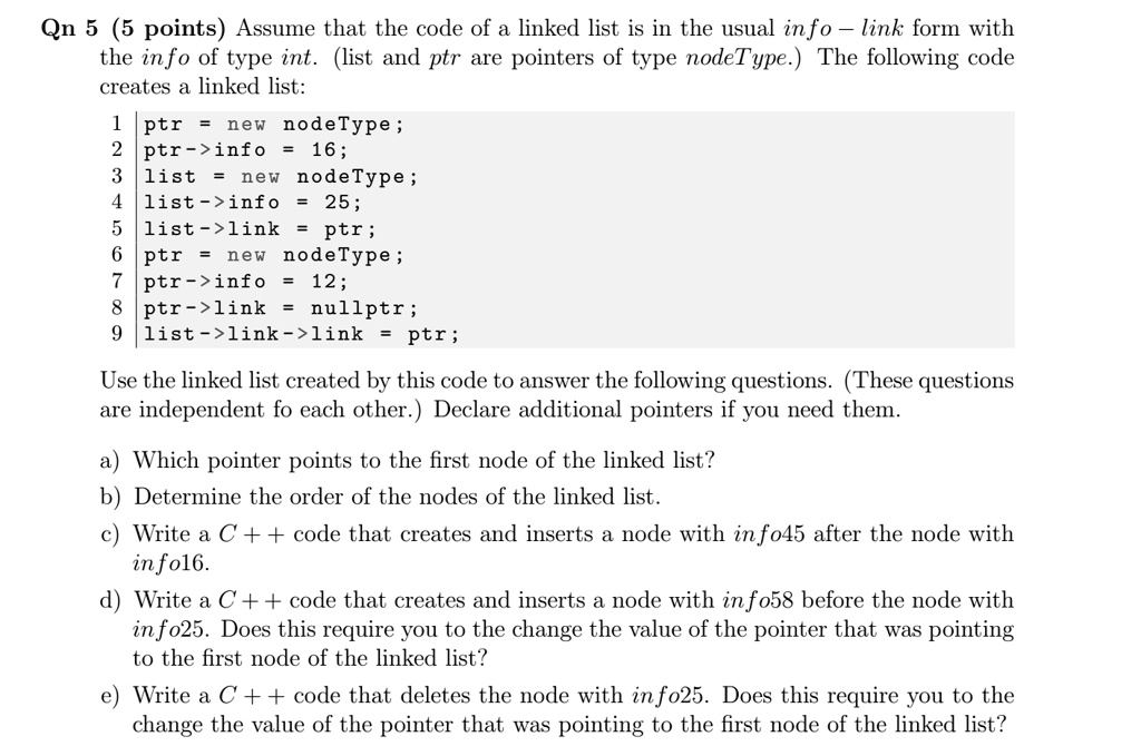 Solved Qn 5 5 Points Assume That The Code Of A Linked List Is In The Usual Info Link Form