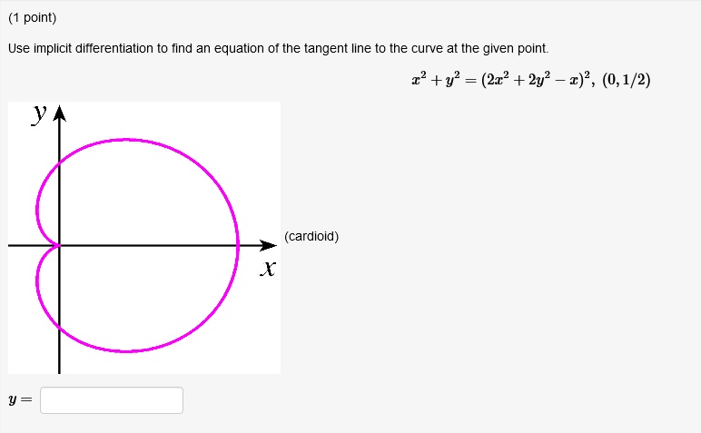 (1 point) Use implicit differentiation to find an equation of the tangent line to the curve at ...