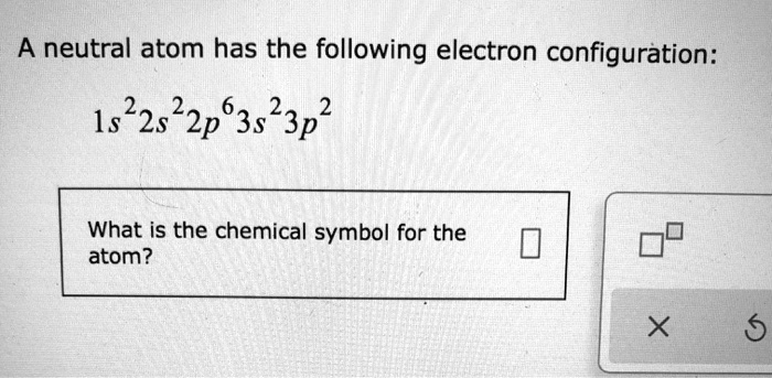 a neutral atom has the following electron configuration 1s 22s 22p 63s ...