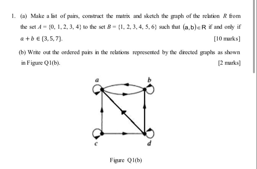 1. (a) Make a list of pairs, construct the matrix and sketch the graph of the relation R from ...