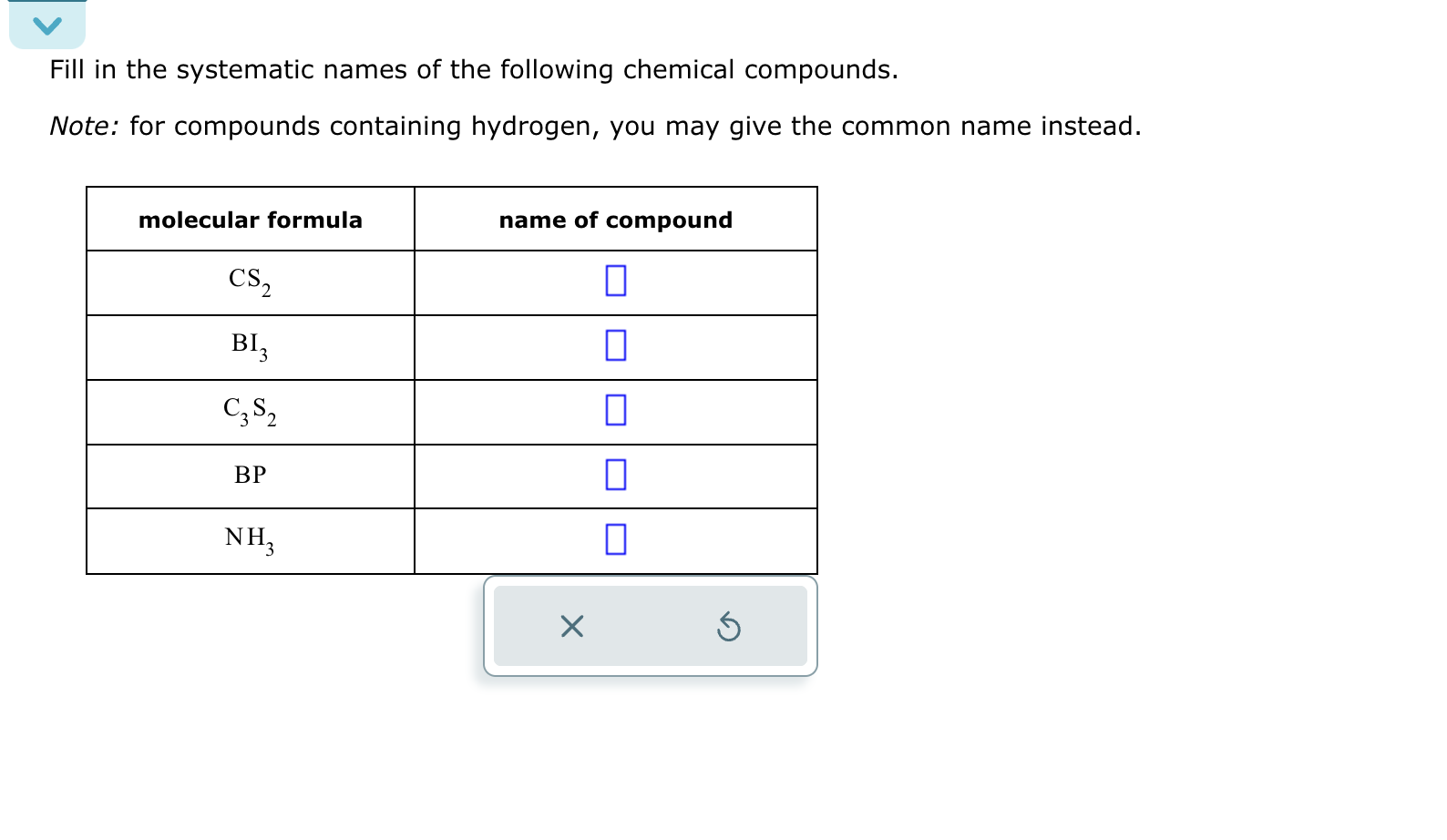 SOLVED: Fill in the systematic names of the following chemical compounds. Note: for compounds ...