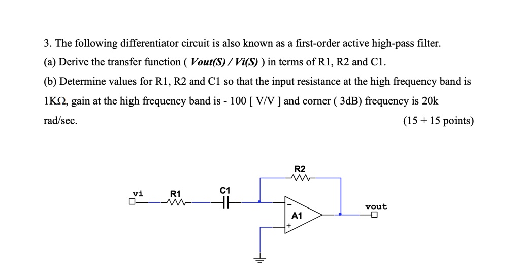 3. The following differentiator circuit is also known as a first-order active high-pass filter ...