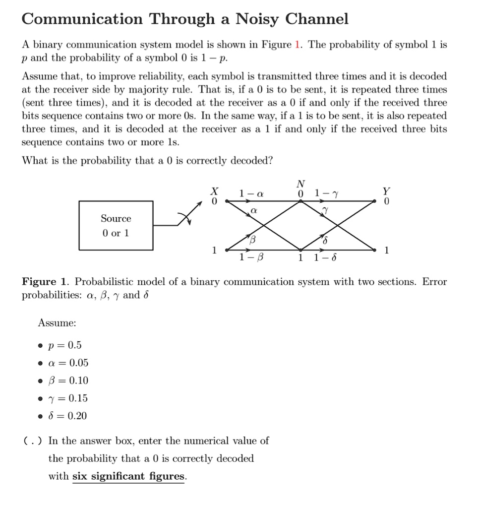 SOLVED: Communication Through a Noisy Channel: Binary Communication System Model The binary ...