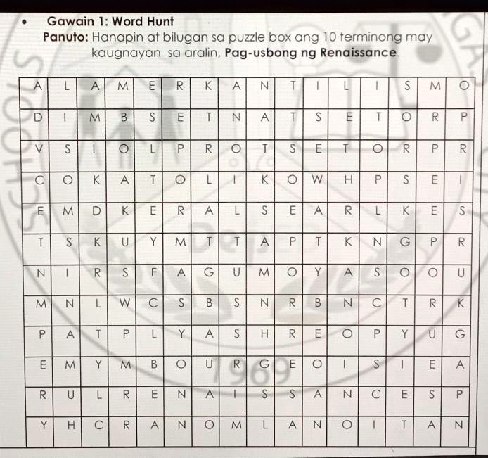 gawain 1word hunt hanapin at bilugan sa puzzle box ang 10 terminong may ...