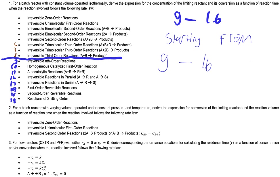 1. For a batch reactor with constant volume operated isothermally, derive the expression for the ...