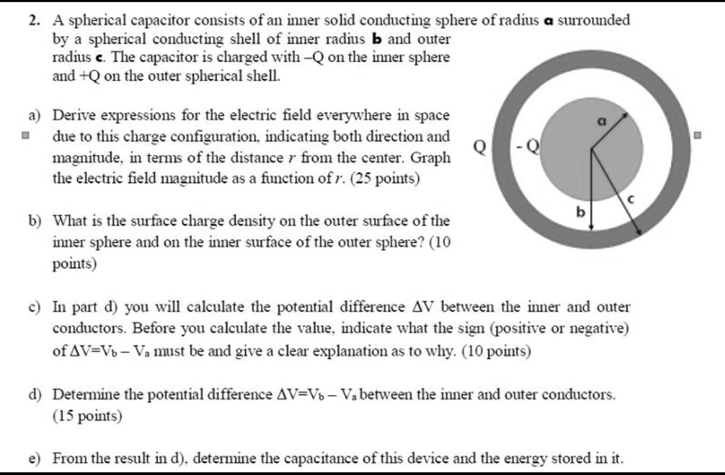 SOLVED: A spherical capacitor consists of an inner solid conducting sphere of radius a ...