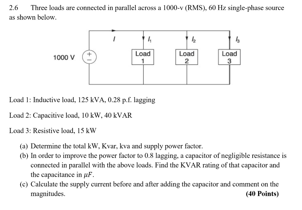 SOLVED: 2.6 Three loads are connected in parallel across a 1000 V (RMS), 60 Hz single-phase ...