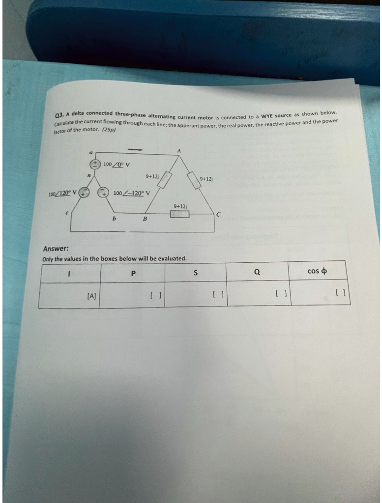 SOLVED: Q3. A delta connected three-phase alternating current motor is ...