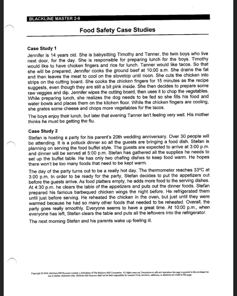 SOLVED:BLACKLINE MASTER 2-6 Food Safety Case Studies Case Study ...
