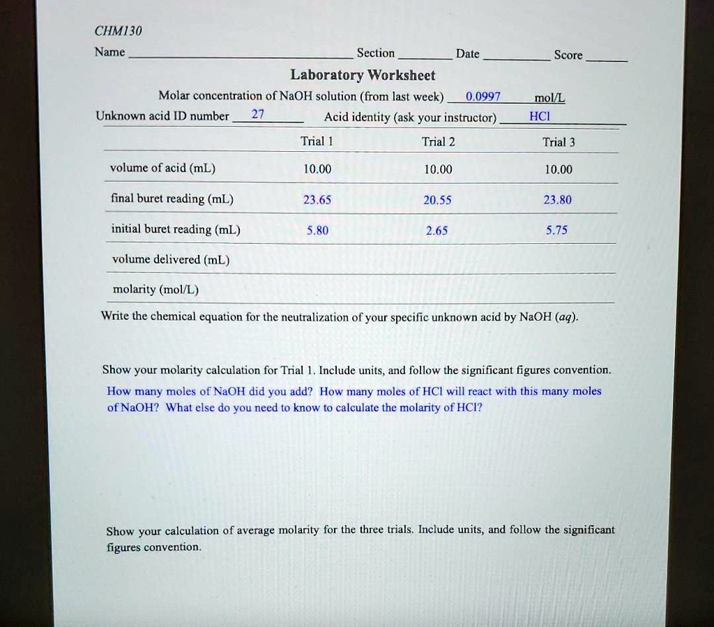 SOLVED:CHMI30 Name Section Date Score Laboratory Worksheet Molar ...