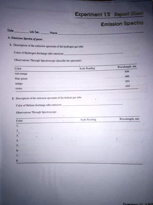 Experiment 12 Report Sheet Emission Spectra Date: lob Sec, Nome A ...