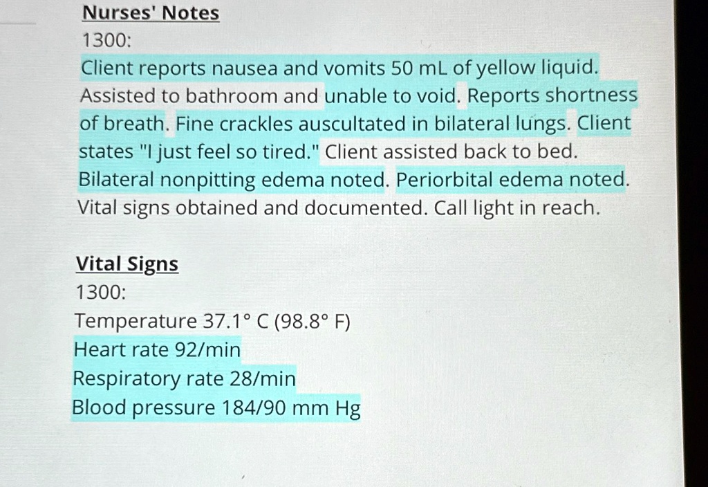 nurses notes 1300 client reports nausea and vomits 50 ml of yellow ...