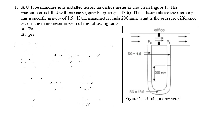 1. A U-tube manometer is installed across an orifice meter as shown in Figure 1. The manometer ...