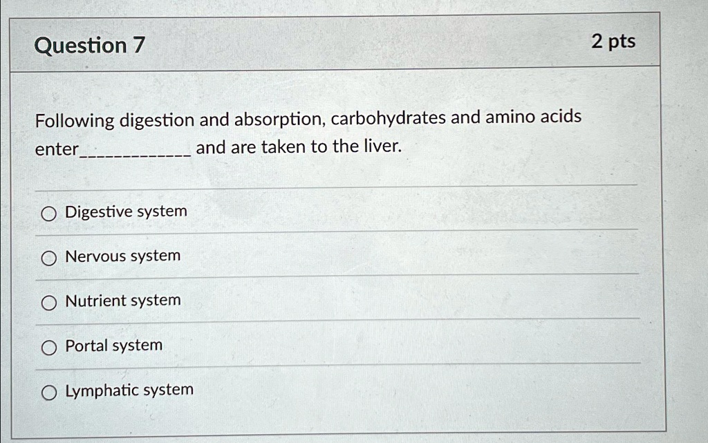 SOLVED: Question 7 2 pts Following digestion and absorption ... SOLVED: Question 7 2 pts Following digestion and absorption ...