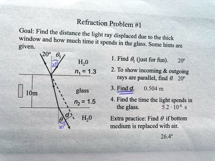 SOLVED: Refraction Problem #] Goal: Find the distance the light ray ...