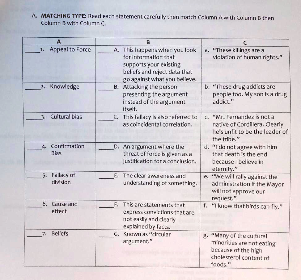 SOLVED: 'A. MATCHING TYPE: Read each statement carefully then match Column A with Column B then ...