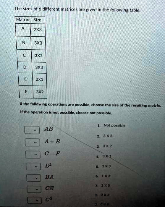 The sizes of 6 different matrices are given in the following table ...
