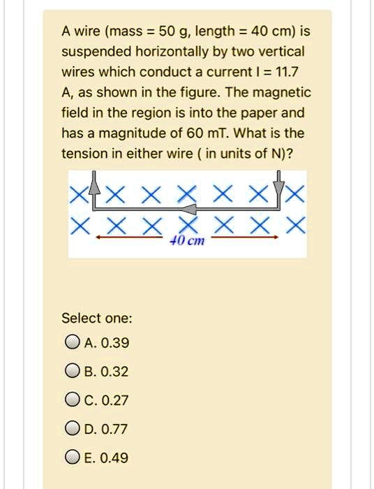 SOLVED: A wire (mass = 50 g, length = 40 cm) is suspended horizontally ...