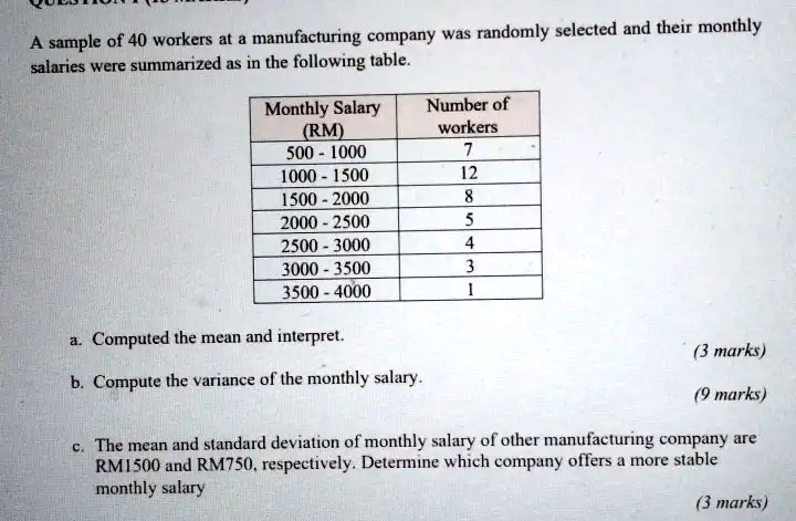 SOLVED: A sample of 40 workers at a manufacturing company was randomly ...