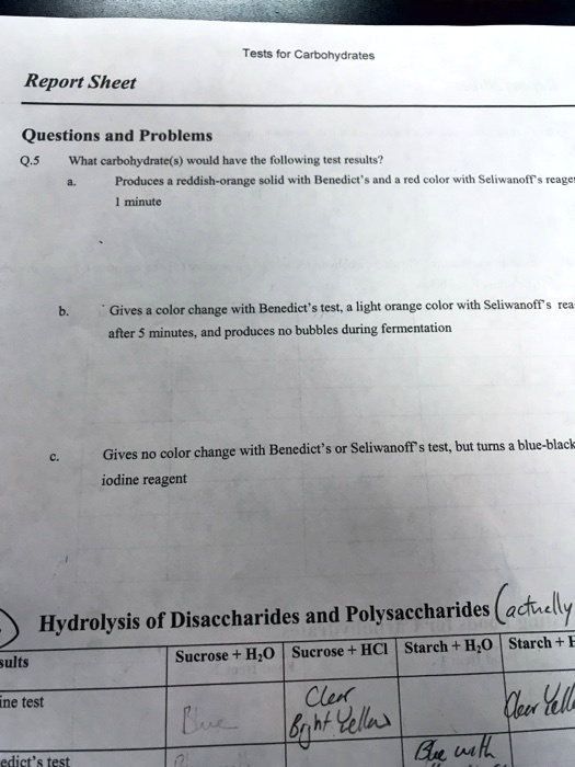 SOLVED: Test for Carbohydrates Report Sheet Questions and Problems 05 ...