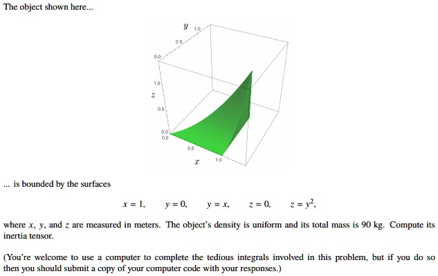 The object shown here... is bounded by the surfaces x = 1, y = 0, y = x, z = 0, z = y², where x ...