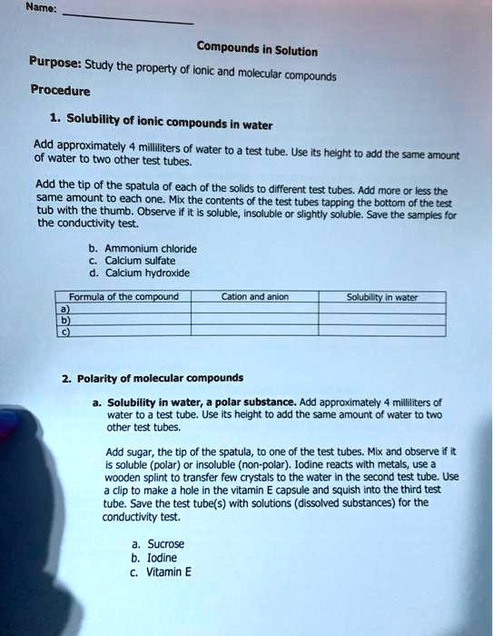 SOLVED: Name: Compounds In Solution Purpose: Study the property of ...