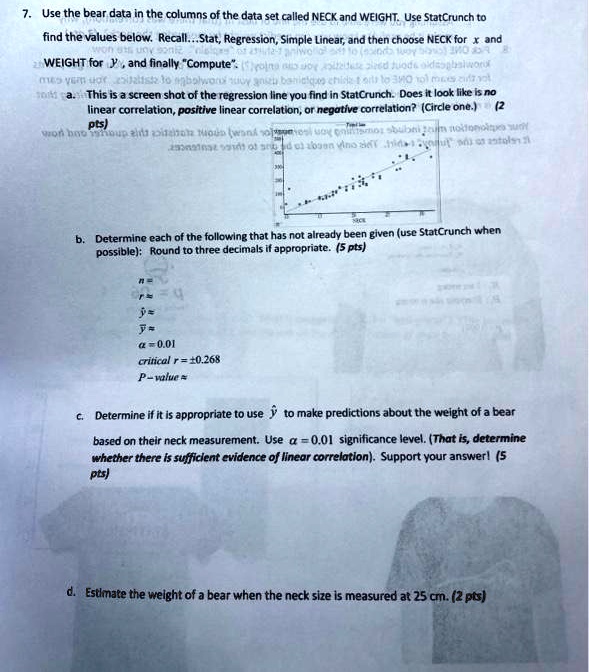 SOLVED: Use the bear data in the columns of the data set called NECK and WEIGHT. Use StatCrunch ...