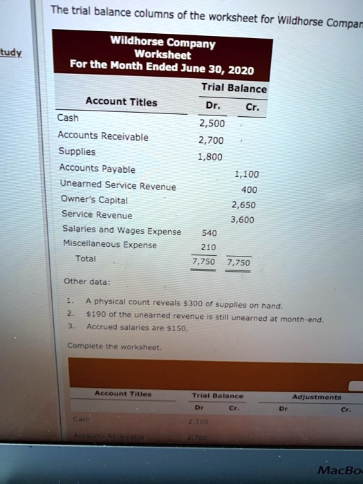 tudy The trial balance columns of the worksheet for Wildhorse Compan ...