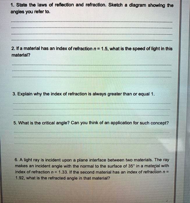 SOLVED:1. State the laws of reflectlon and refractlon. Sketch a dlagram showlng te angles YoU ...