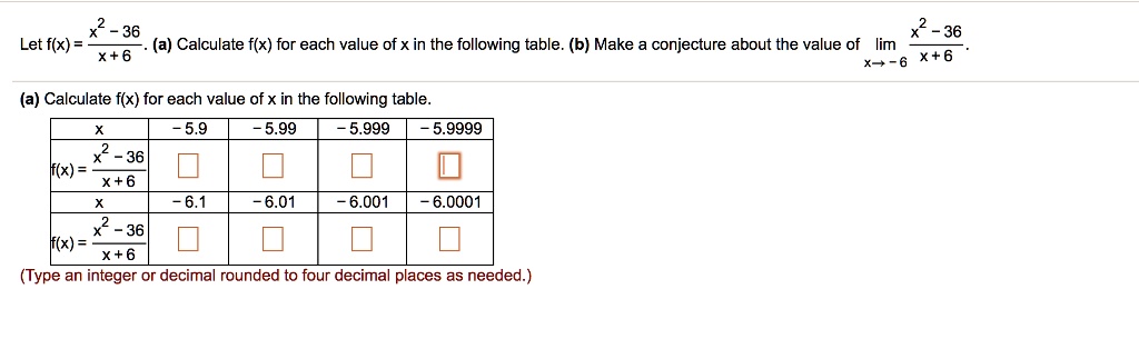 Let f(x) = (x^2 - 36)/(x + 6). (a) Calculate f(x) for each value of x in the following table. (b ...