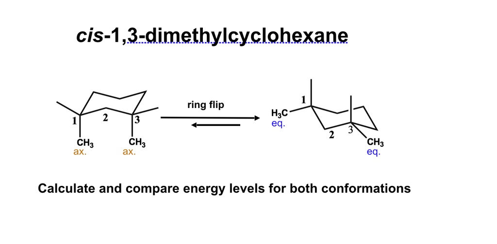 SOLVED:cis-1,3-dimethylcyclohexane ring flip H;C eq: CH3 ax CH3 eq_ CH3 ax; Calculate and ...