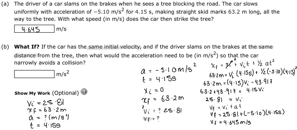SOLVED: (a) The driver of a car slams on the brakes when he sees a tree ...