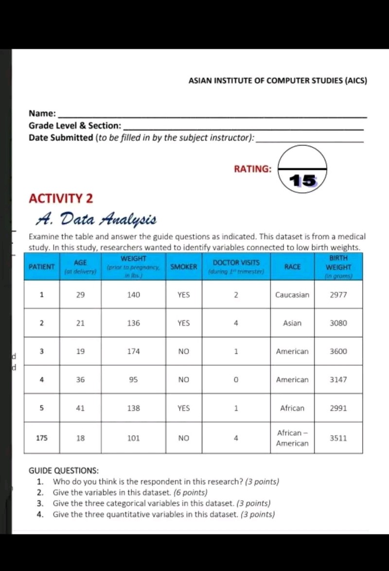 ASIAN INSTITUTE OF COMPUTER STUDIES (AICS) Name: Grade Level & Section: Date Submitted (to be ...