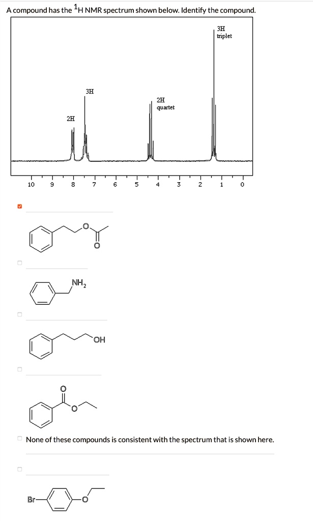 A compound has the ^1H NMR spectrum shown below. Identify the compound. 2H 3H 2H quartet 10 9 8 ...