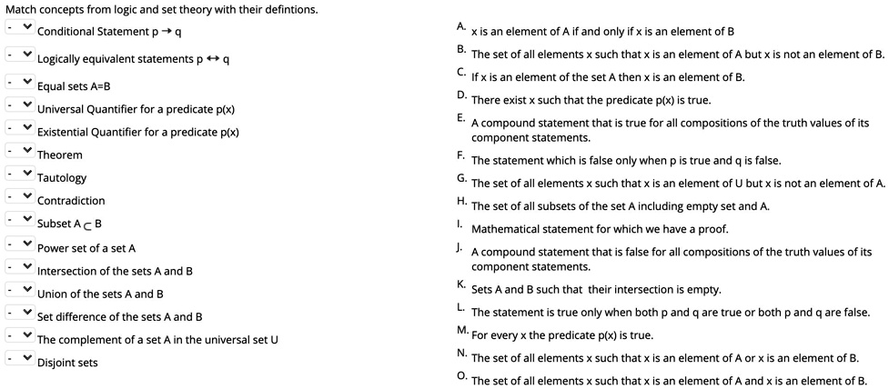 SOLVED:Match concepts from logic and set theory with their defintions ...