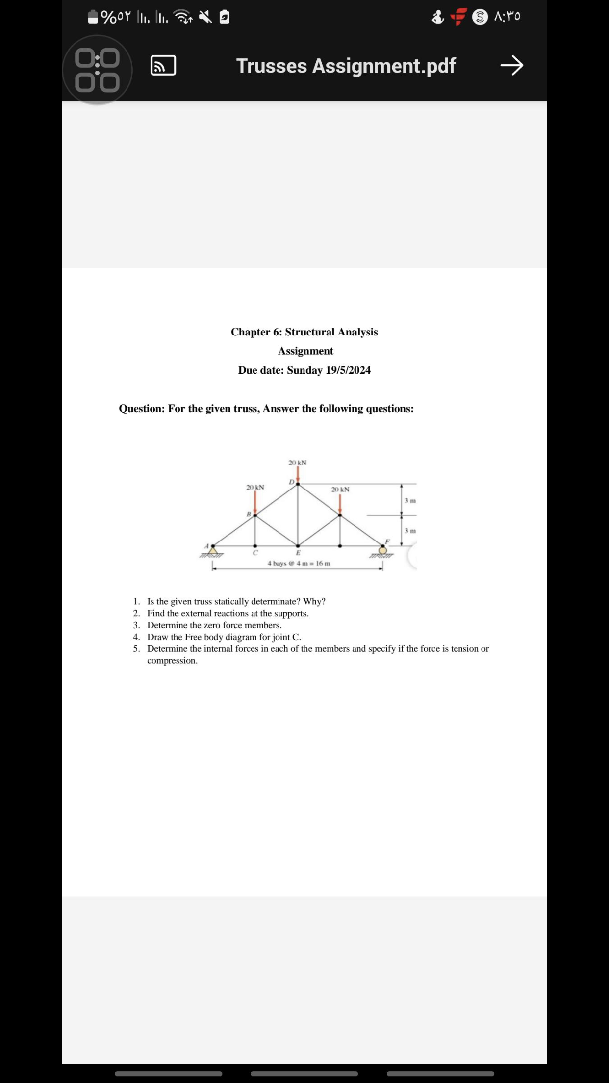 Trusses Assignment.pdf Chapter 6: Structural Analysis Assignment Due date: Sunday 19 / 5 / 2024 ...