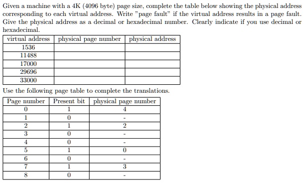 SOLVED: Given a machine with a 4K (4096 byte) page size, complete the table below showing the ...