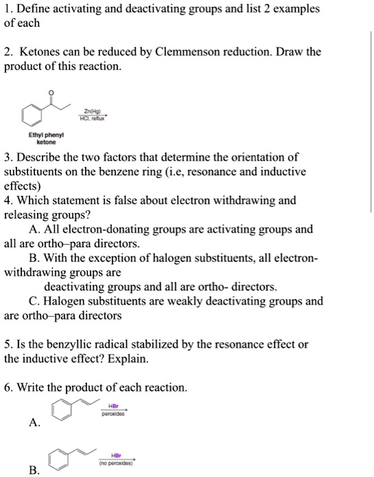 SOLVED: Define activating and deactivating groups and list 2 examples ...