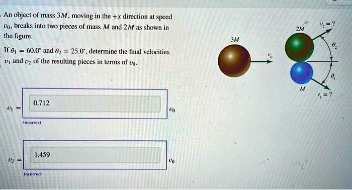 An object of mass 3M, moving in the +x direction at speed v0, breaks into two pieces of mass M ...