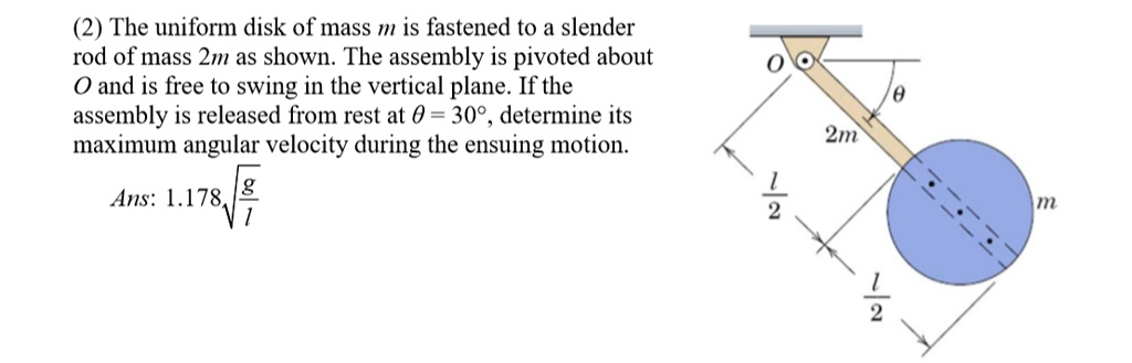 SOLVED: (2) The uniform disk of mass m is fastened to a slender rod of ...