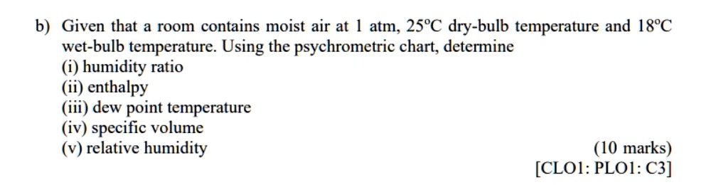 SOLVED: b) Given that a room contains moist air at 1 atm; 25.8Â°C dry-bulb temperature and 18.9Â ...