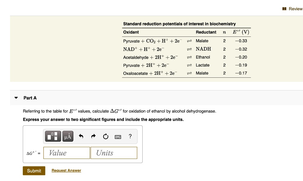 review standard reduction potentials of interest in biochemistry ...