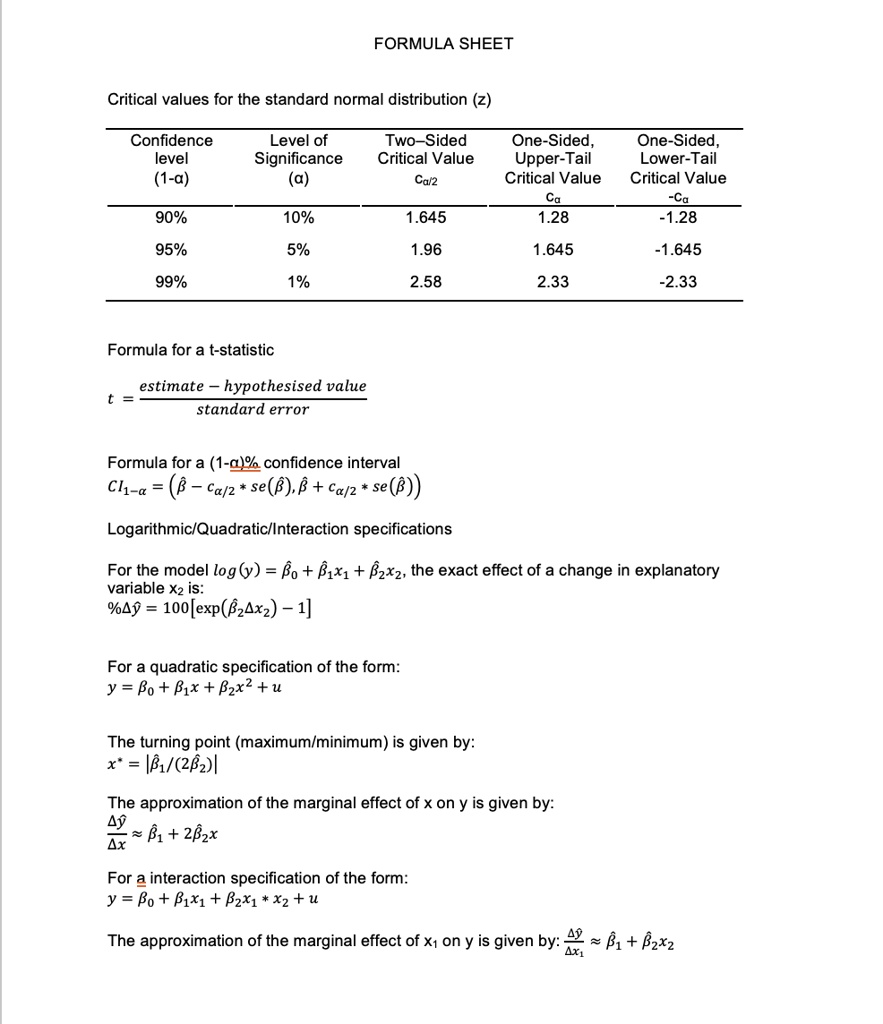 formula sheet critical values for the standard normal distribution 2 ...