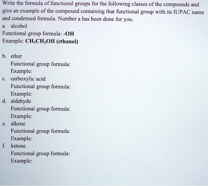 Write the formula of functional groups for the following classes of ...