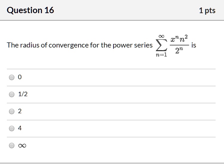 What is the radius of convergence for the power series with the formula 2n n=1/2?