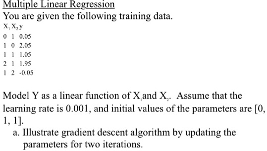 SOLVED: Multiple Lincar Regression You are given the following training data, Xy 0,05 2,05 1.05 ...