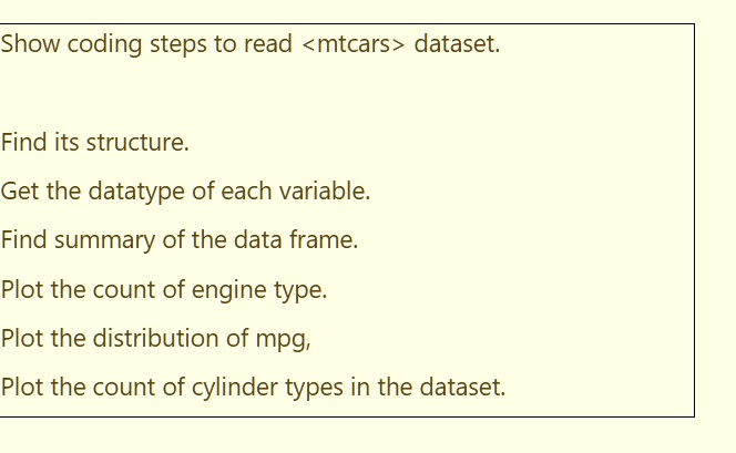 SOLVED: Show coding steps to read dataset: Find its structure: Get the datatype of each variable ...