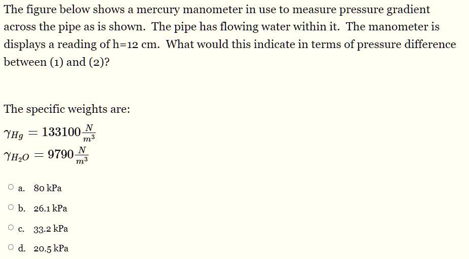 the figure below shows a mercury manometer in use to measure pressure gradient across the pipe ...