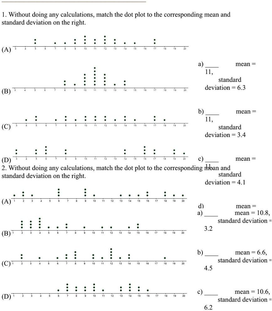 SOLVED: 1. Without doing any calculations, match the dot plot to the ...